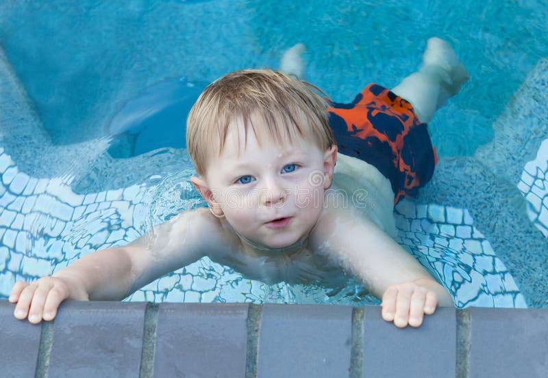 Cute Little Boy Swimming on Pool Stock Image - Image of outdoor ...