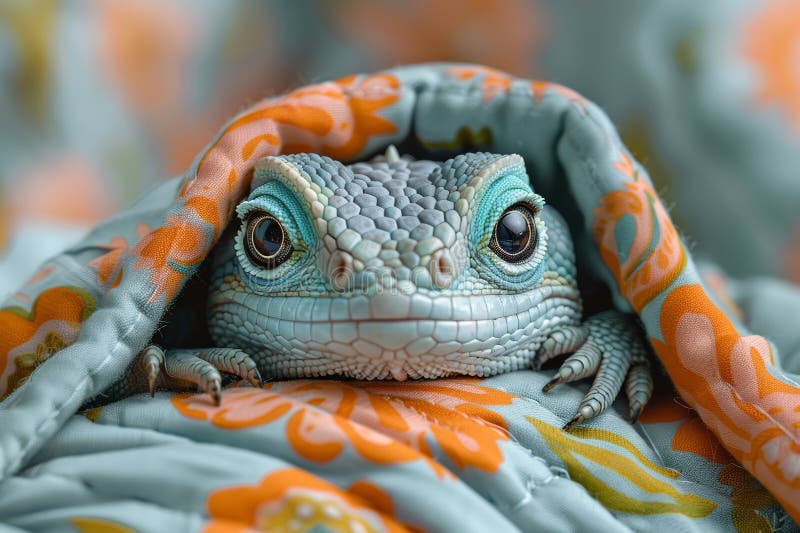 Adorable Blue Lizard Peeking Out from Under a Colorful Patterned ...