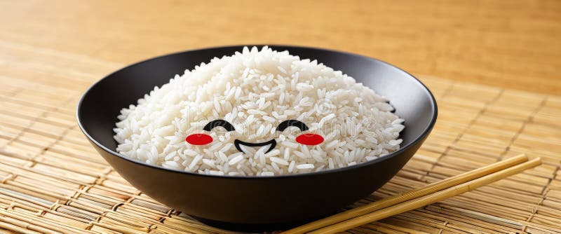 Cute Rice Bowl with Smiling Face and Chopsticks Stock Image - Image of ...