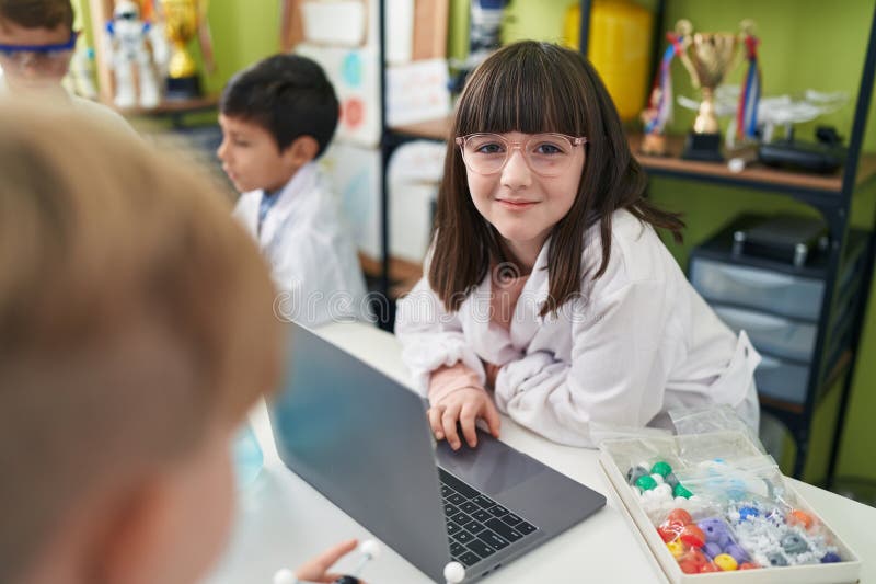 Adorable Boy and Girl Scientist Student Using Laptop at Laboratory ...