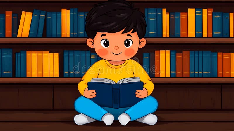 Adorable Boy Reading Book in Cozy Wooden Library Setting Stock ...