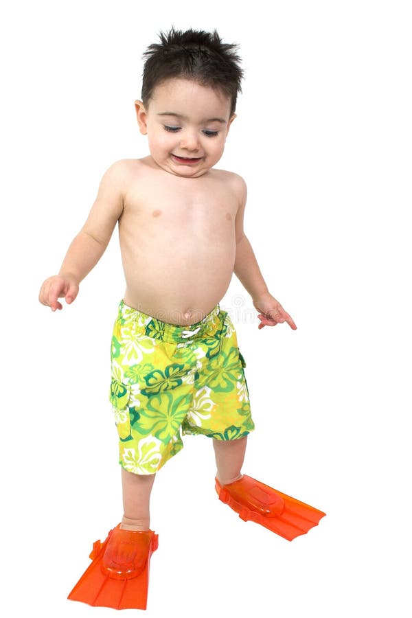 Adorable Boy Ready To Swim in His Bright Orange Flippers Stock Photo ...