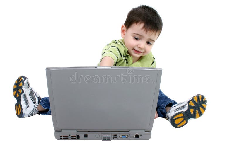 Adorable Boy Working on Laptop Over White Stock Photo - Image of ...
