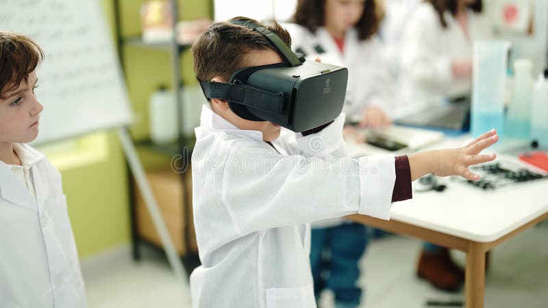 Adorable Boys Scientist Student Using Virtual Reality Glasses at ...