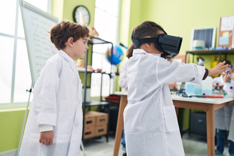 Adorable Boys Scientist Student Using Virtual Reality Glasses at ...