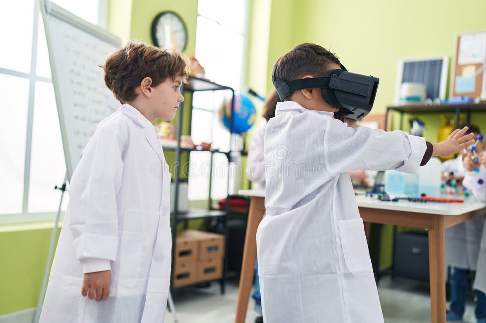 Adorable Boys Scientist Student Using Virtual Reality Glasses at Laboratory Classroom Stock ...