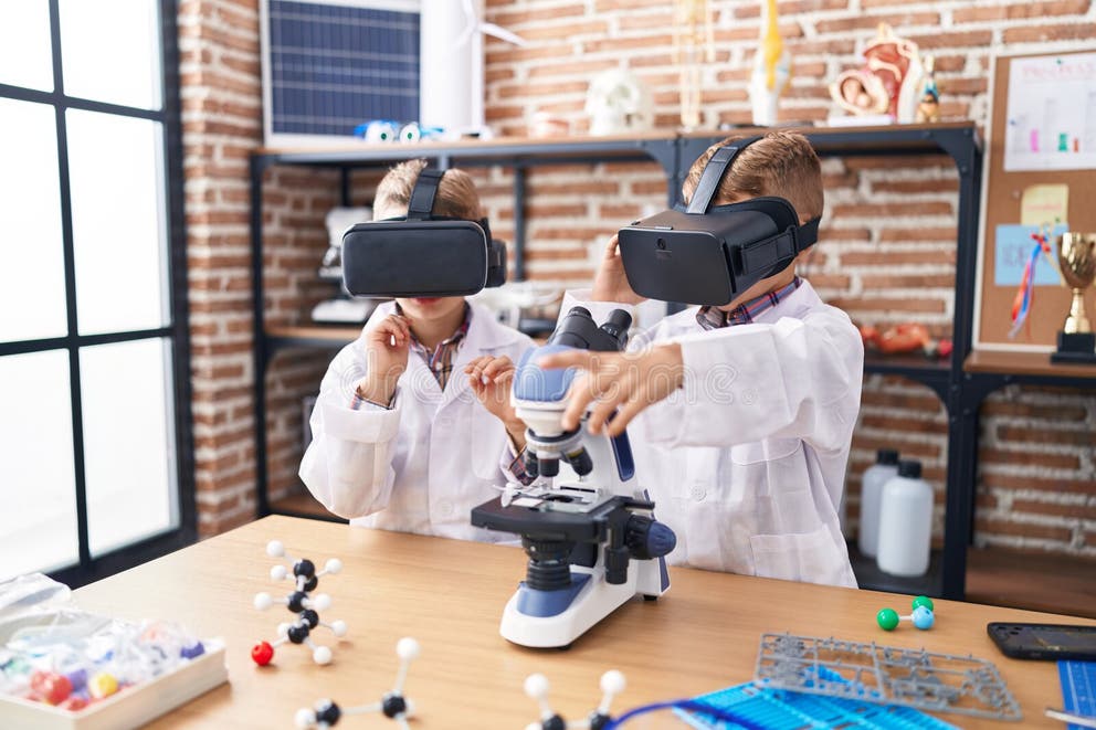 Adorable Boys Scientist Student Using Virtual Reality Glasses at ...
