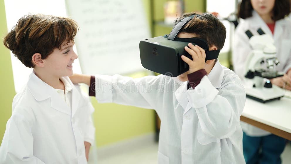 Adorable Boys Scientist Student Using Virtual Reality Glasses at Laboratory Classroom Stock ...
