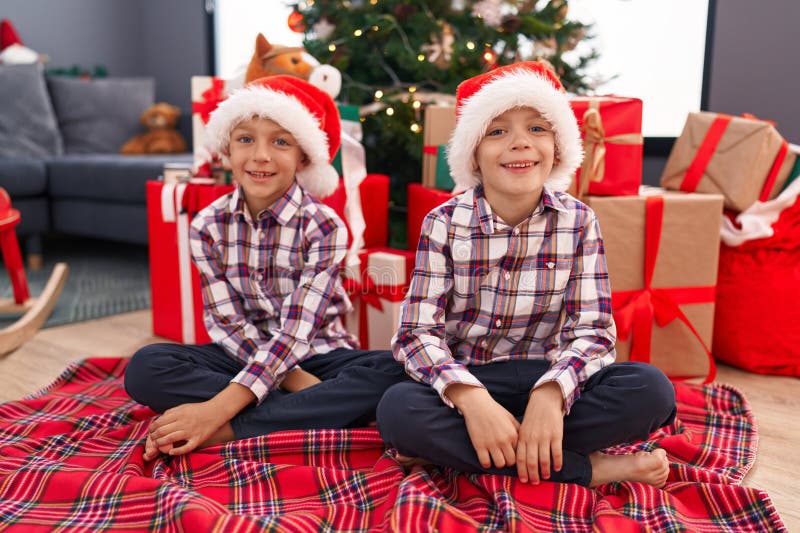 Adorable Boys Smiling Confident Celebrating Christmas at Home Stock ...