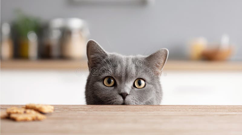 Adorable British Shorthair Cat Peeking from a Table Edge and Staring at ...