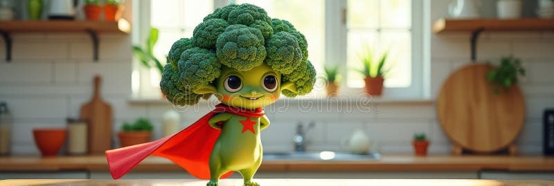 Adorable Broccoli Superhero Toy in Cozy Kitchen with Sunlight Stock ...