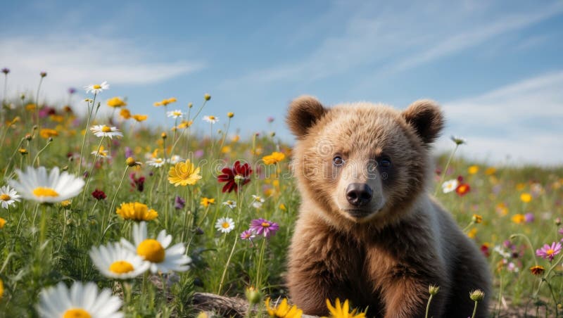 Adorable Brown Bear Cub in a Field of Flowers. Stock Photo - Image of ...