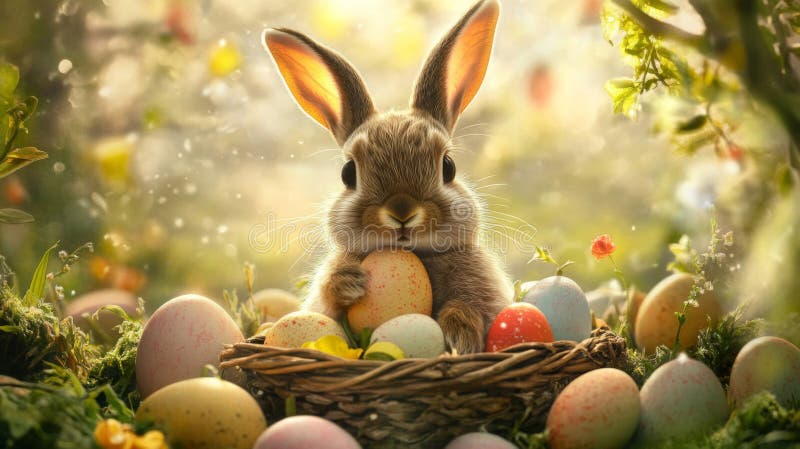 Adorable Brown Bunny Holding Colorful Easter Eggs in a Nest Stock Illustration - Illustration of ...