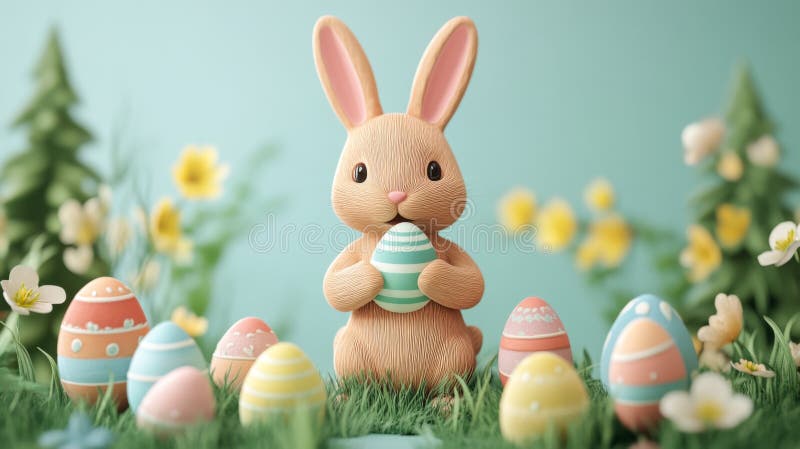 Adorable Brown Bunny Holding Easter Egg in Spring Flower Garden Stock ...