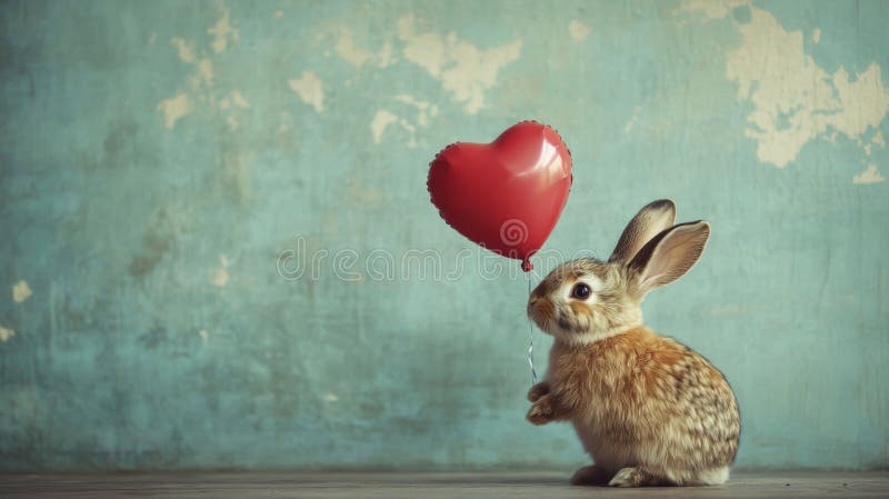Adorable Brown Bunny Holding Red Heart Balloon Stock Illustration ...