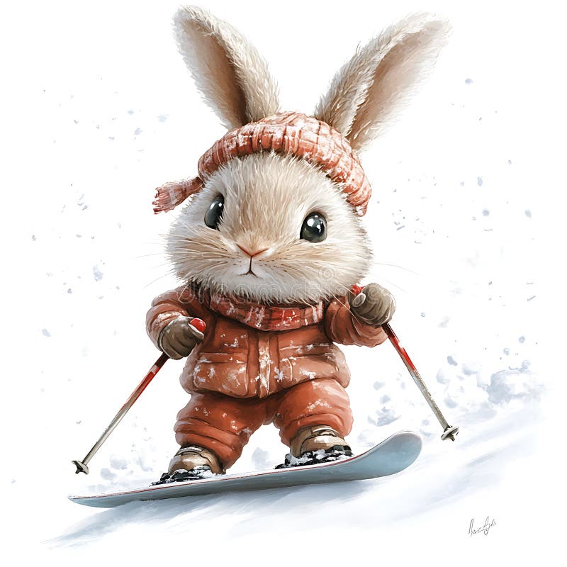 Adorable Brown Bunny Skiing in the Snow Stock Illustration ...