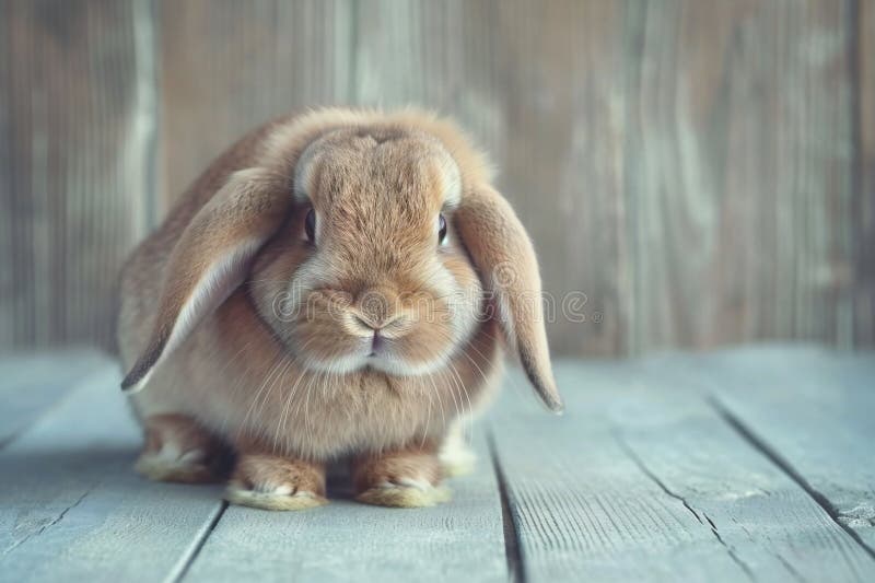 Adorable Brown Eared Rabbit Sitting on Wooden Surface Stock ...