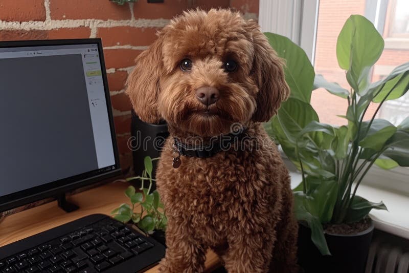 Adorable Brown Poodle at Home Office Desk with Computer and Plants ...