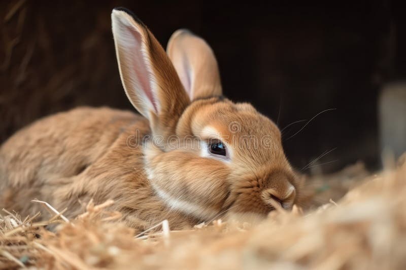 An Adorable Brown Rabbit Eats Food and Sits on Dried Grass in a Rabbit ...