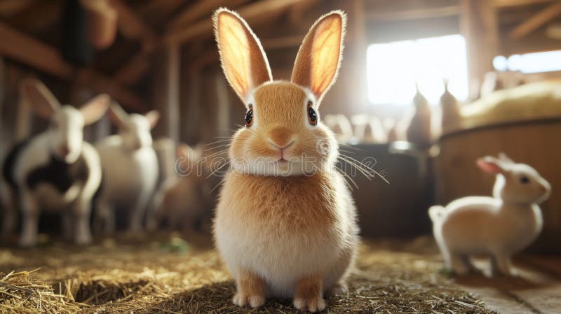 Adorable Brown Rabbit with Group of Bunnies in Barn Stock Illustration ...