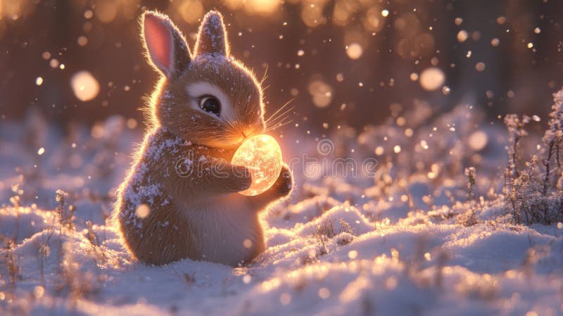 Adorable Brown Rabbit Holding Glowing Sphere in Snowy Winter Forest ...