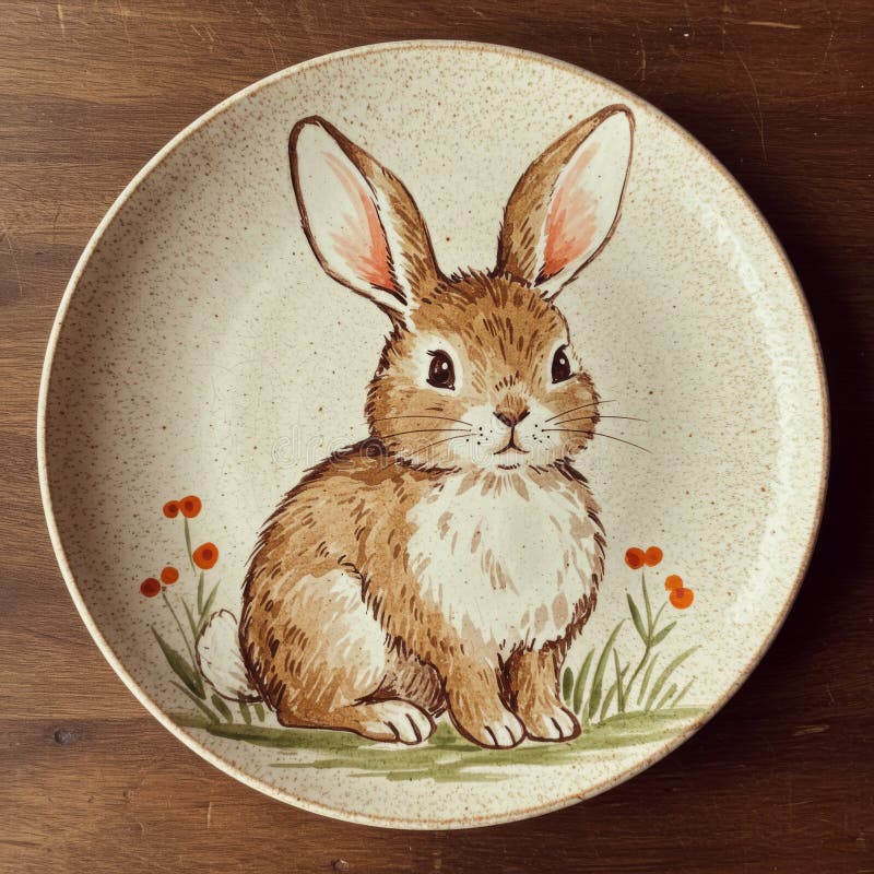 Adorable Brown Rabbit Illustration on Beige Ceramic Plate Stock ...