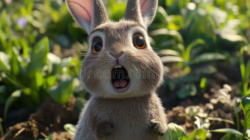 Adorable Brown Rabbit Surprised in Green Garden Stock Illustration ...