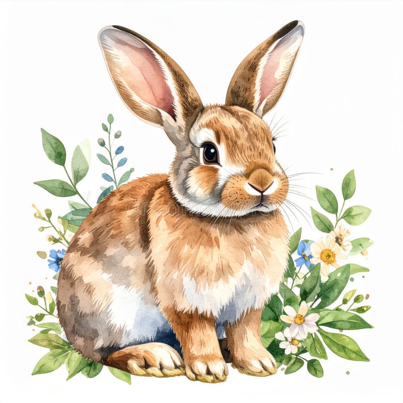 Adorable Brown Rabbit in Watercolor Floral Setting Stock Illustration ...