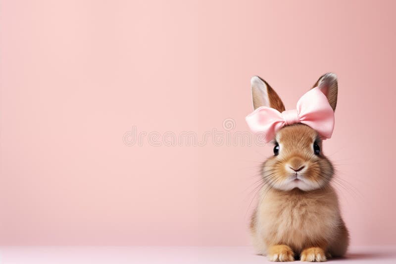 Adorable Brown Rabbit Wearing a Pink Bow Sitting Against a Soft Pink ...