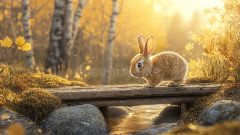 Adorable Brown Rabbit on Wooden Bridge in Autumn Forest Stock ...