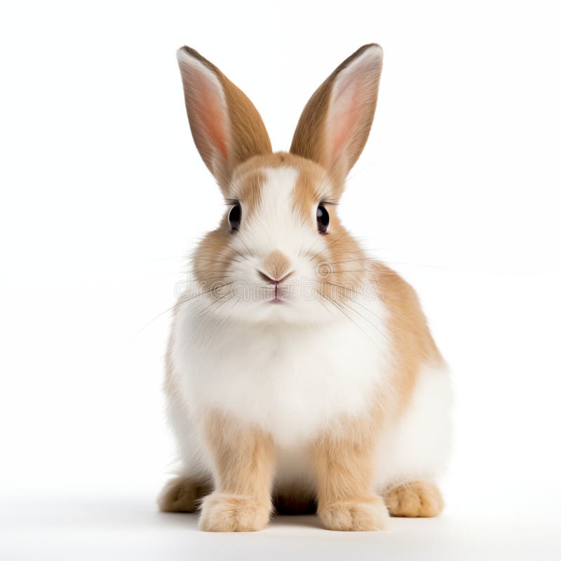 Adorable Brown and White Rabbit Sitting on White Background Stock ...