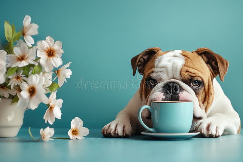 An Adorable Bulldog Lying on a Table with a Blue Coffee Cup Stock ...