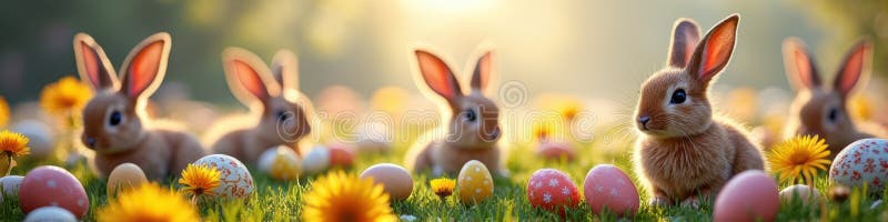 Adorable Bunnies in a Vibrant Meadow with Colorful Easter Eggs and ...