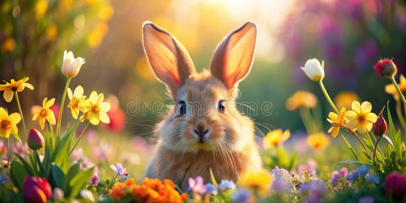 Adorable Bunny Amidst a Vibrant Spring Meadow of Blossoms. Generative ...