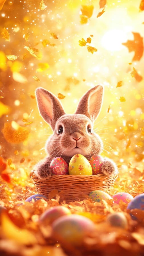 Adorable Bunny in Autumn Leaves with Colorful Easter Eggs. Happy Easter ...