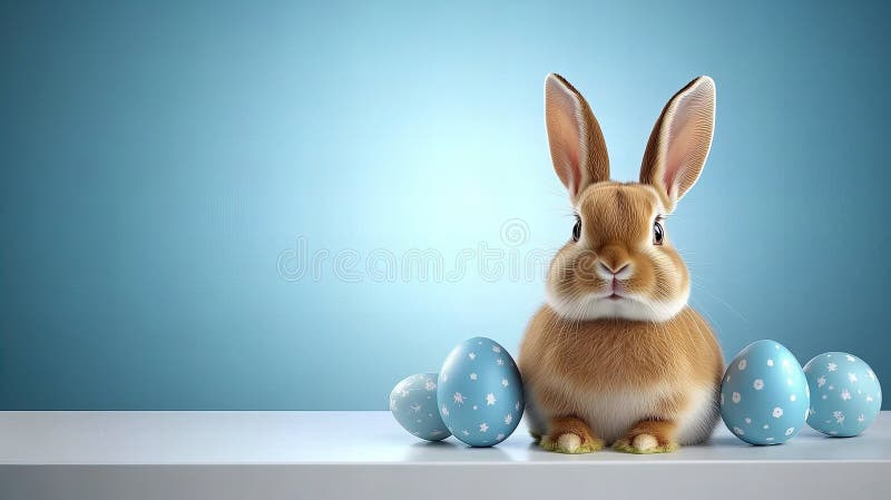 Adorable Bunny with Blue Easter Eggs Against Light Blue Background ...