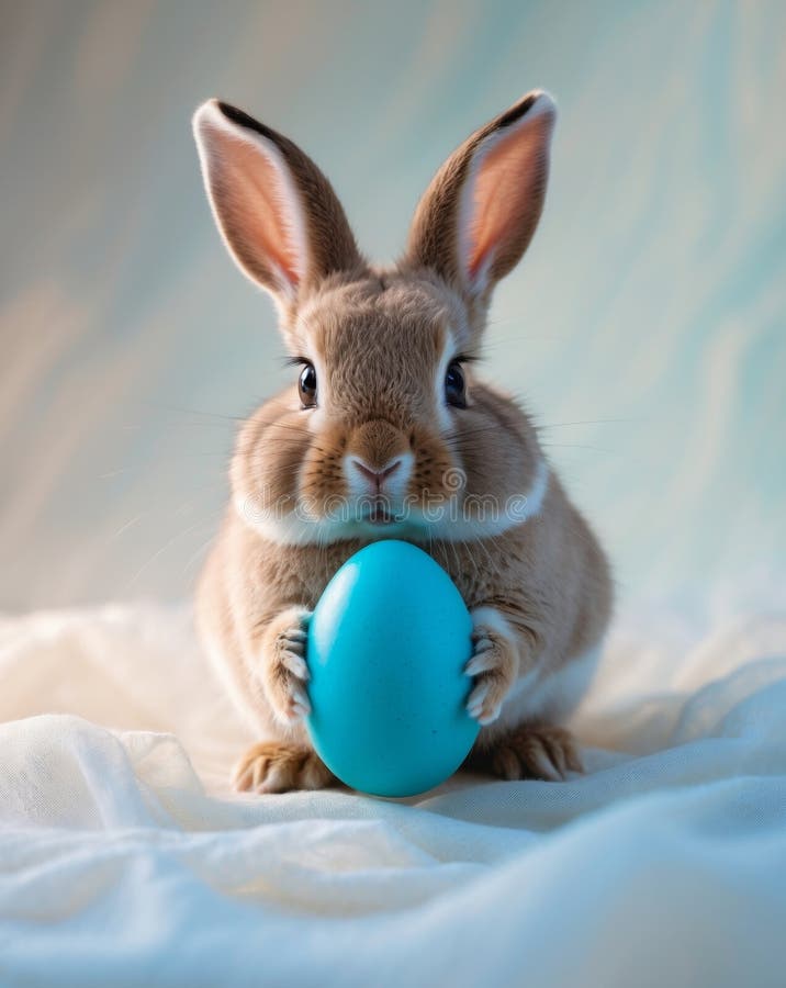 Adorable Bunny with Blue Egg on Pastel Background. Stock Illustration ...