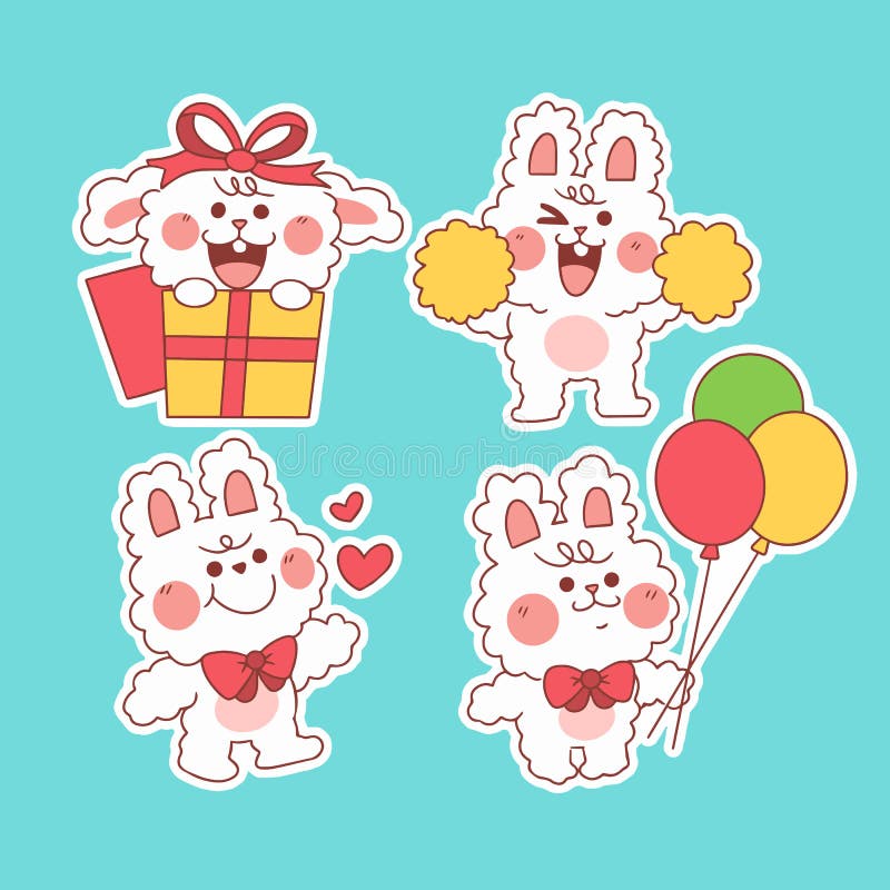Adorable Bunny Celebrating Party Sticker Set Doodle Illustration Stock ...