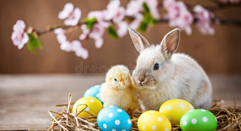 Adorable Bunny and Chick with Colorful Easter Eggs in Spring Setting ...