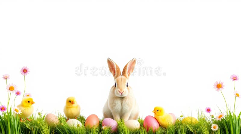 Adorable Bunny with Chicks and Easter Eggs Nestled in Spring Grass ...
