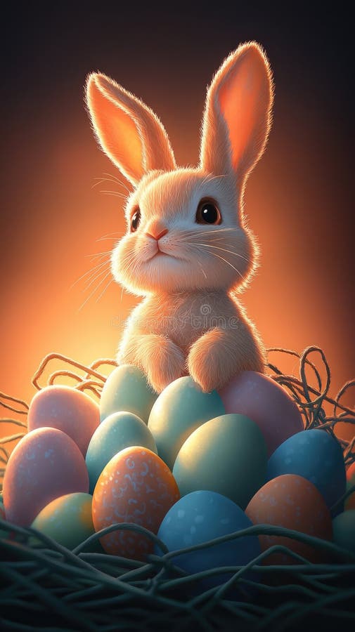 Adorable Bunny with Colorful Easter Eggs in a Nest. Happy Easter Stock ...