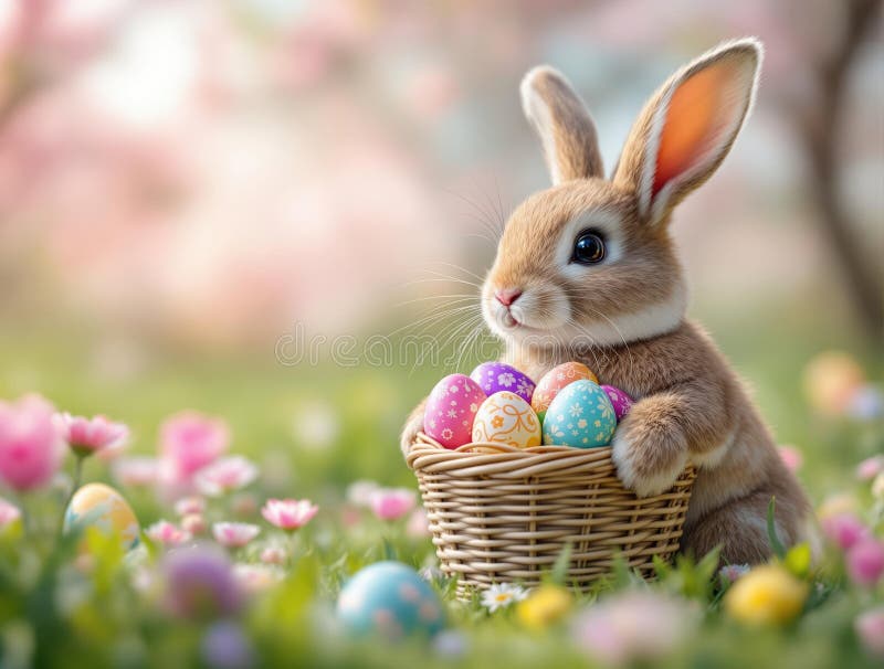 Adorable Bunny with Decorative Easter Eggs in a Basket on a Spring ...