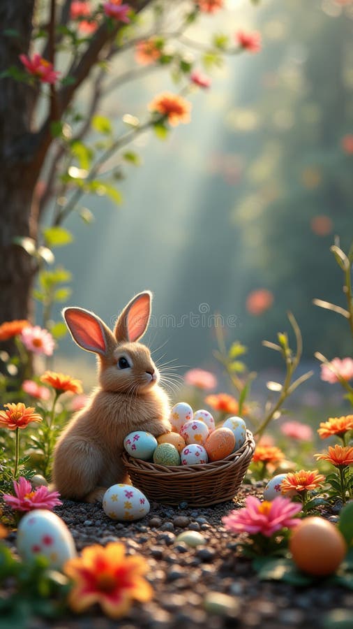 Adorable Bunny with Easter Eggs in Colorful Spring Garden Setting Stock ...