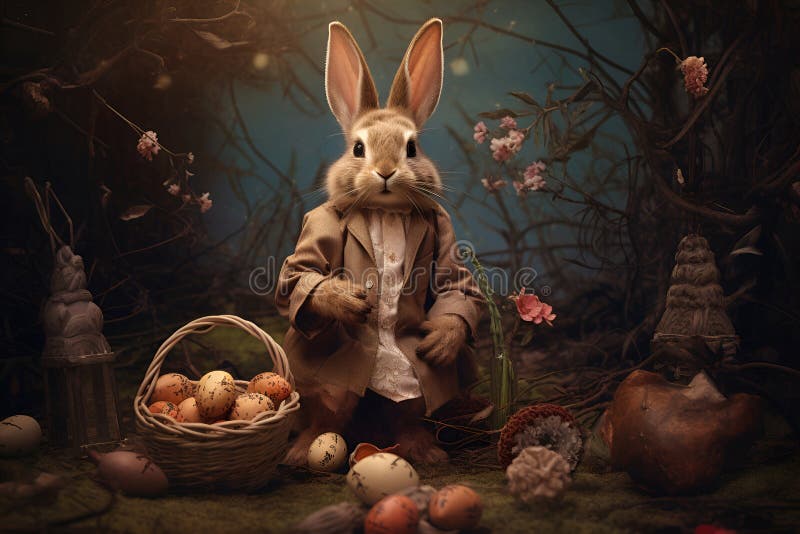 Adorable Bunny with Easter Eggs in Fantasy Forest Stock Illustration ...