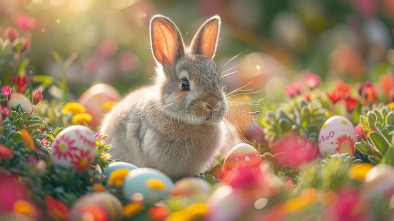 Adorable Bunny with Easter Eggs in a Flower Garden - Generative Ai ...