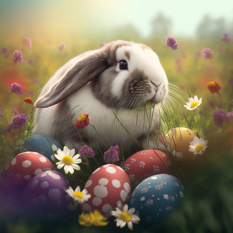 Adorable Bunny with Easter Eggs in Flowery Meadow Stock Illustration ...