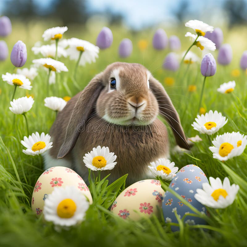 Adorable Bunny with Easter Eggs in Flowery Meadow Stock Illustration ...
