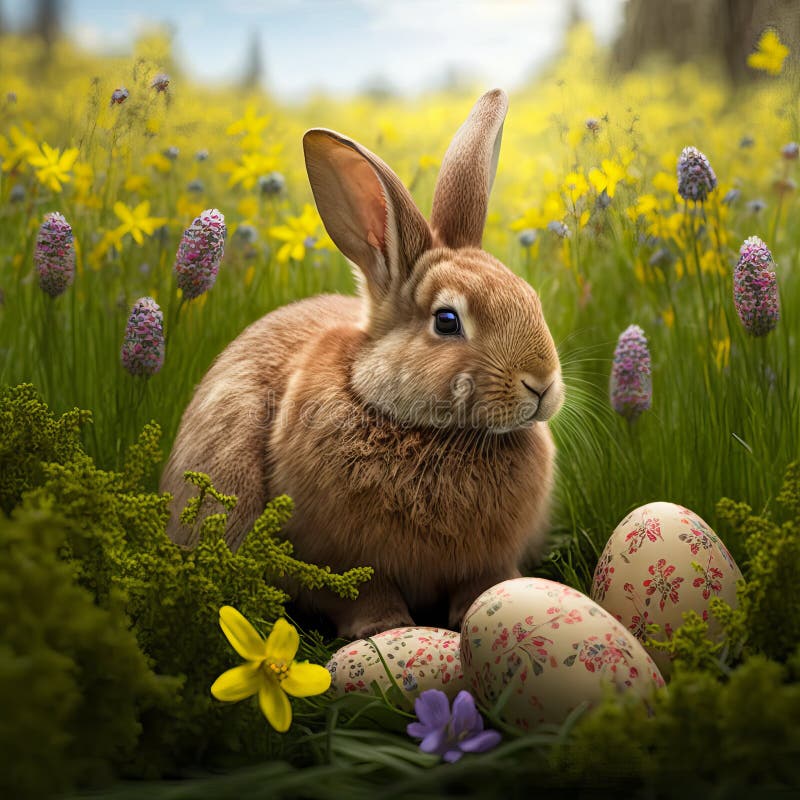 Adorable Bunny with Easter Eggs in Flowery Meadow Stock Illustration ...