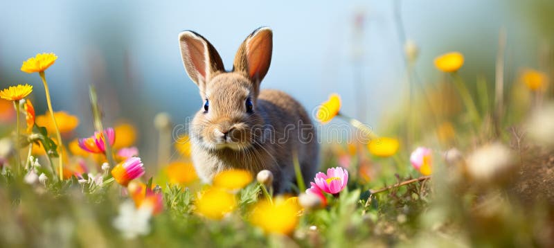 Adorable Bunny with Easter Eggs in Flowery Meadow, Surrounded by Bright ...