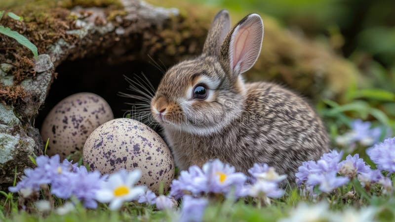Adorable Bunny with Easter Eggs and Spring Flowers in Nature Setting ...
